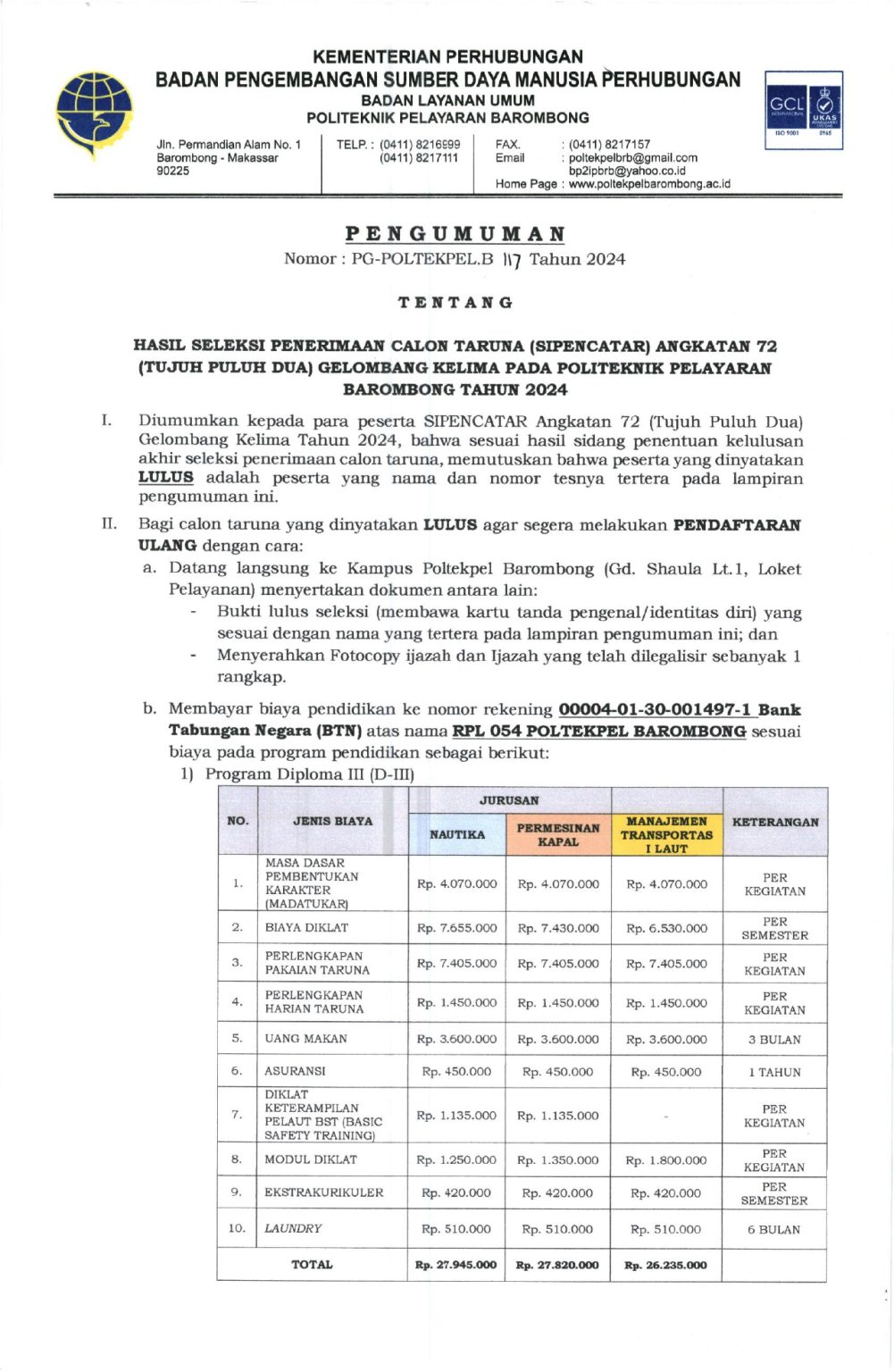 Informasi Penerimaan Calon Taruna – Politeknik Pelayaran Barombong